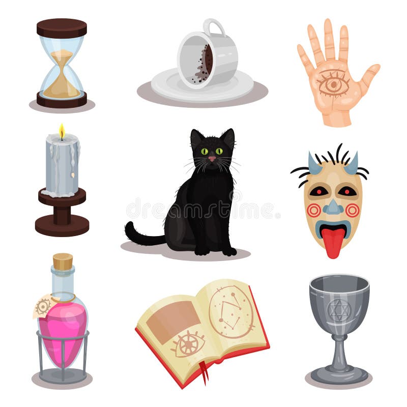 Flat Vector Set of Divination Icons. Ritual Attributes. Black Cat, Cup ...