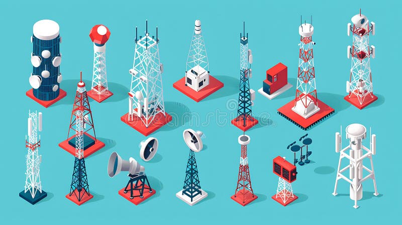 Flat Vector Set Featuring Various Telecom Towers and Radio ...