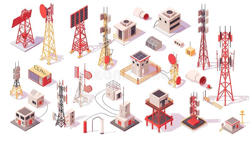 Flat Vector Set Featuring Various Telecom Towers and Radio ...