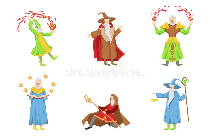 Colorful Set Of Wizard Character In Various Action Poses. Raster ...