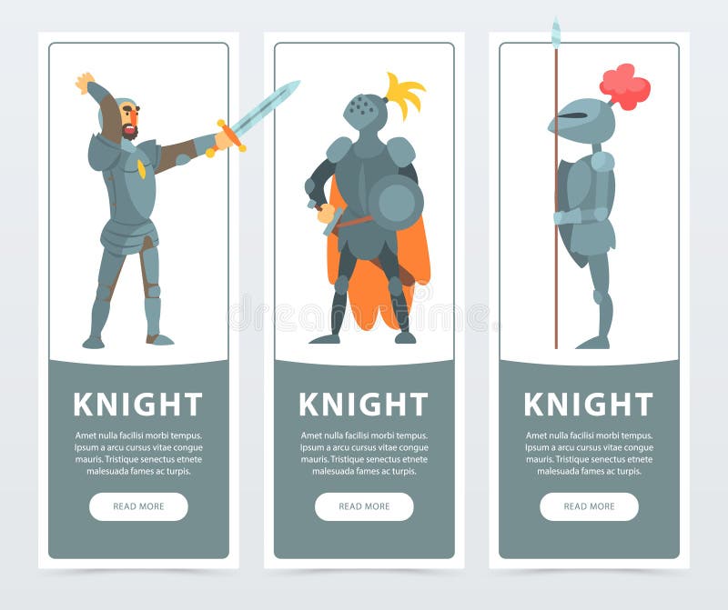 Flat Vector Set of Vertical Banners with Medieval Knights Posing in ...