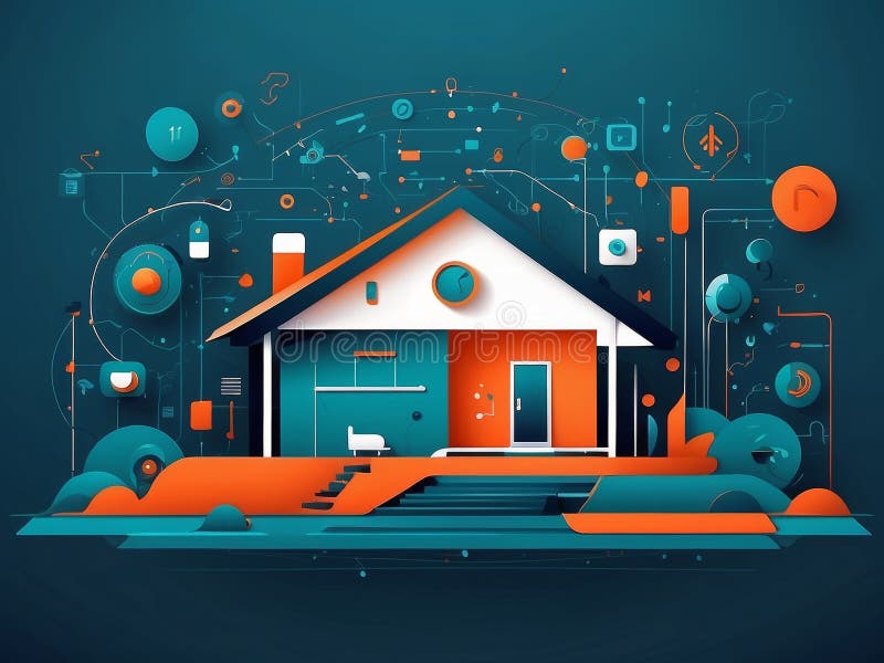Flat Vector of Smart Home Ecosystem with Connected Devices and Glowing ...