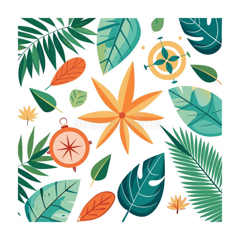 Flat Vector Tropical Leaves and Compass Pattern on White Background ...