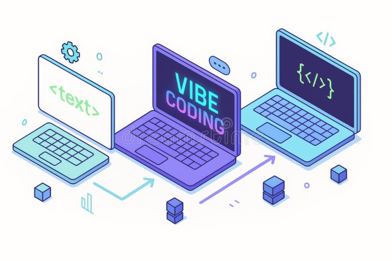 Flat Vector Vibe Coding Illustration with Three Laptop Screens Labeled ...