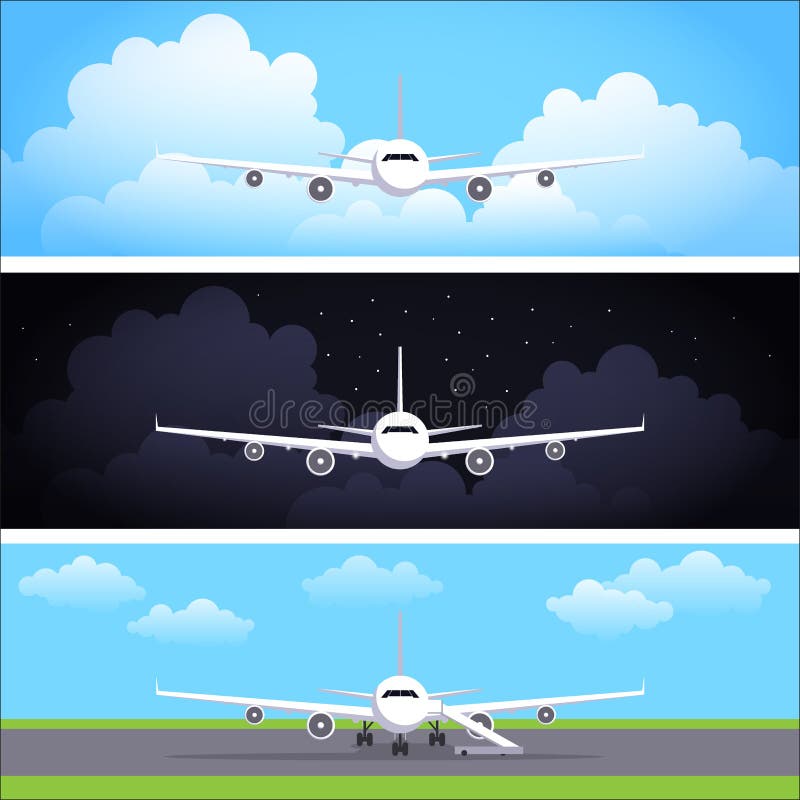 Flat Vector Web Banners Set with Airplanes Stock Illustration ...