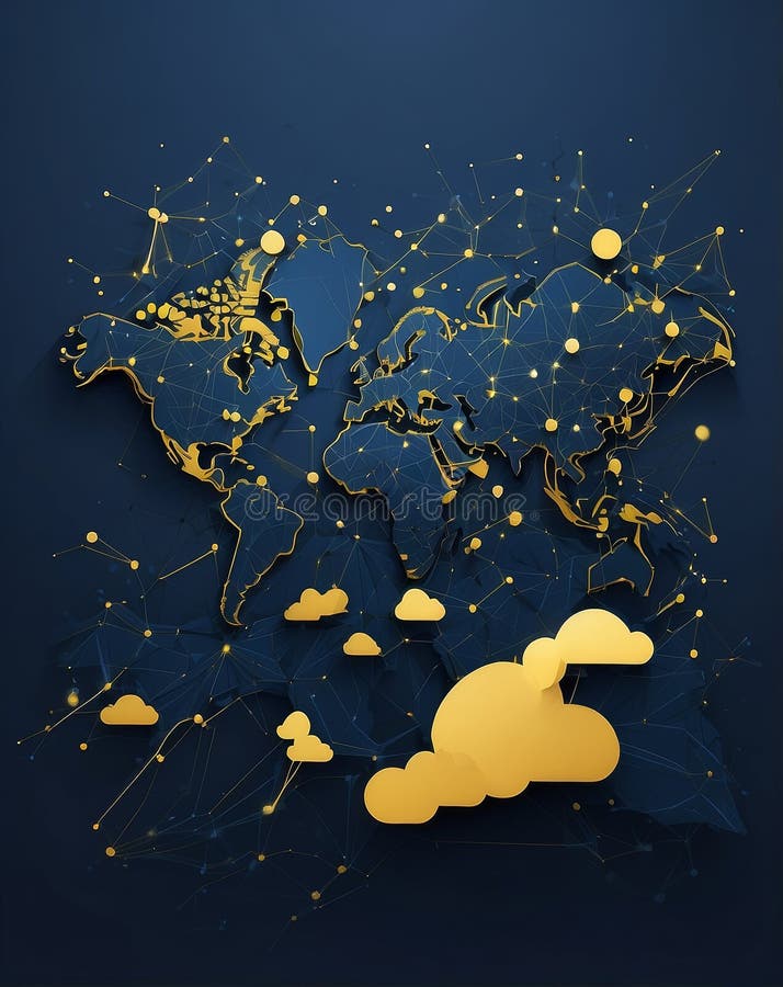 Flat Vector World Map with Data Connections and Cloud Servers Stock ...