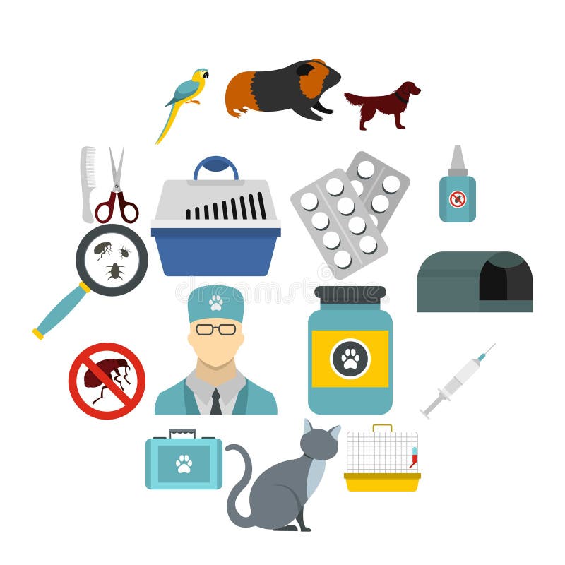 Veterinary Icons Set, Flat Style Stock Vector - Illustration of carrier ...