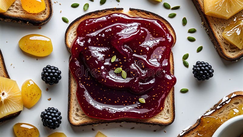 Flat View of Jam Spread Thinly on Toast with Seeds, Gloss, and Uneven ...