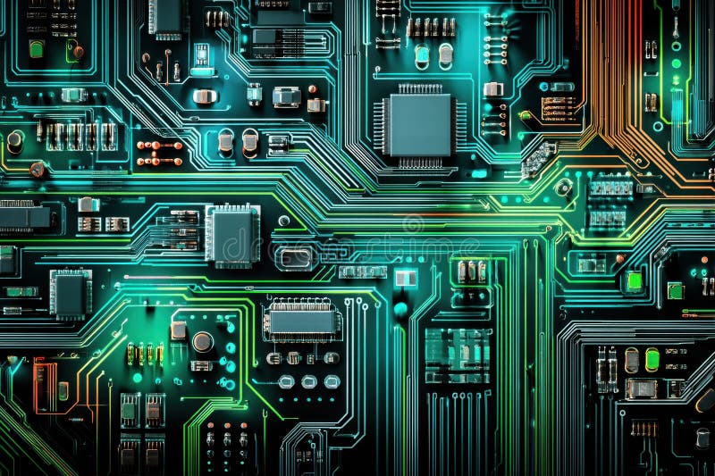 Minimal Computer Circuit Board with Blue and Green Neon Glow Showcasing ...