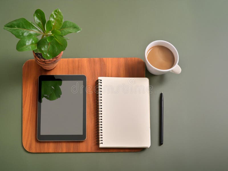 Flat View - Tablet, Open Empty Planner, Pen, Plant Stock Illustration ...
