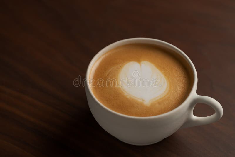 Flat White in White Cup with Simple Latte Art on Walnut Wood Table ...