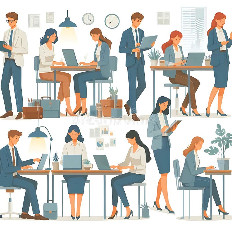 Flat Working Day Scene with Different Business People, Image is ...