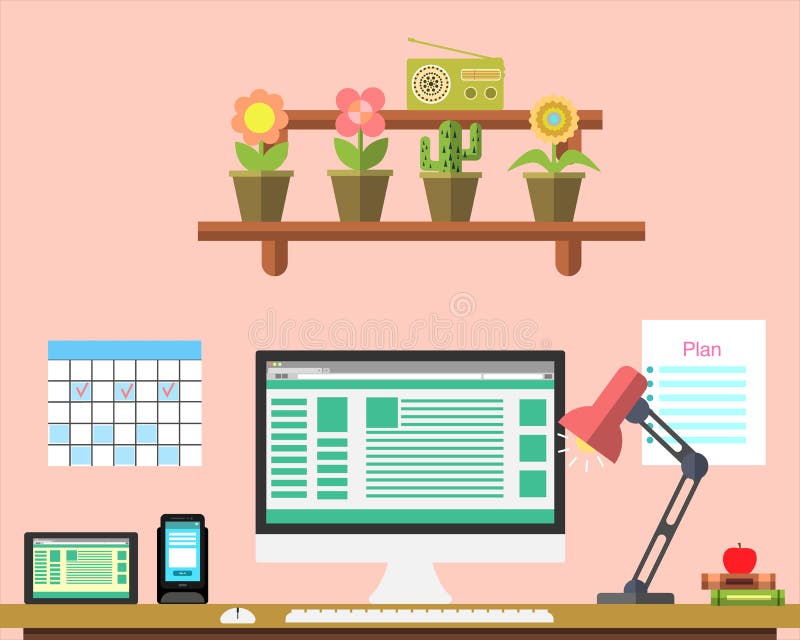 Flat Workplace Web Banner. Flat Design Web Designer Illustration ...