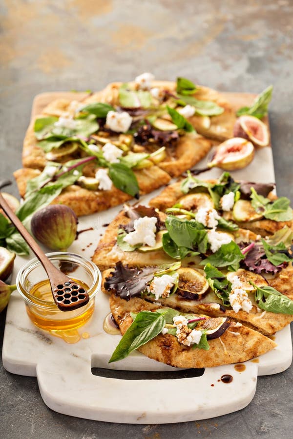 Flatbread Pizza with Figs, Cheese and Salad Leaves Stock Photo - Image ...