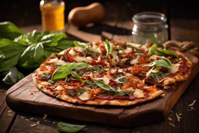 Flatbread Pizza with Fresh Basil on a Rustic Wooden Table Stock Photo ...