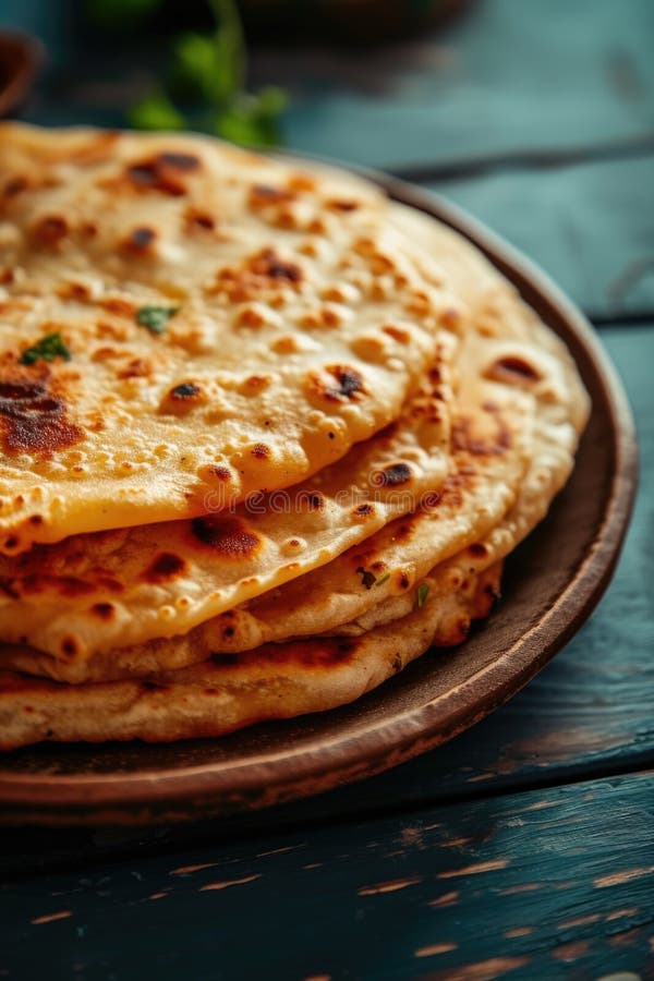 Flatbread on Wooden Plate stock image. Image of generated - 374489317
