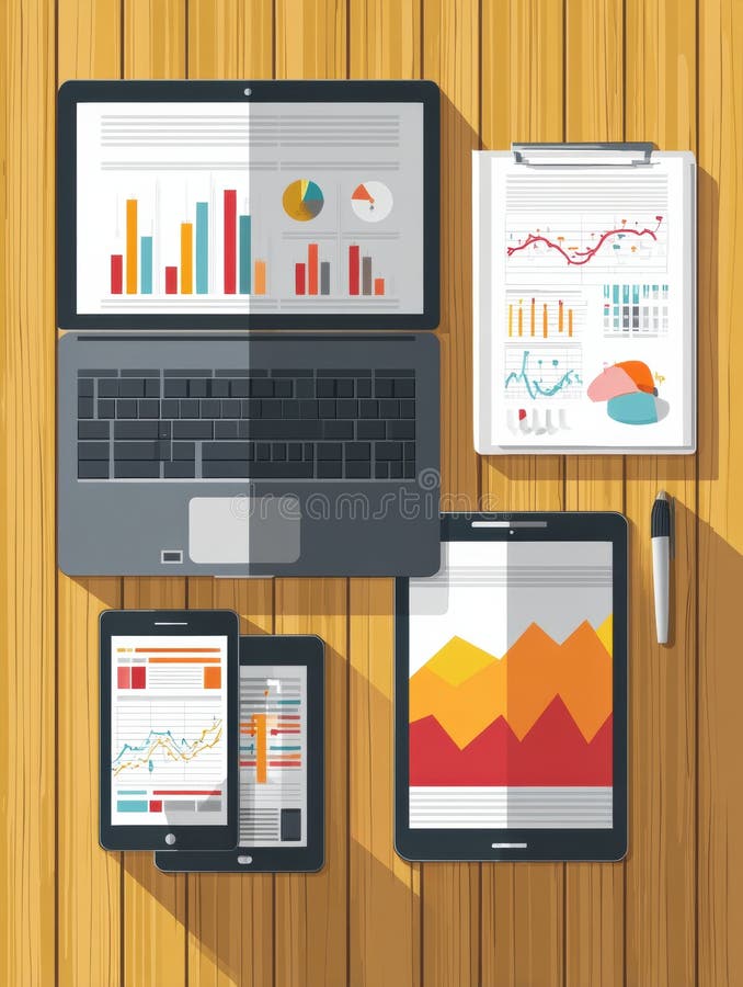 Multi-device Flatlay Showcasing Data Analysis with Graphs on a Wooden ...