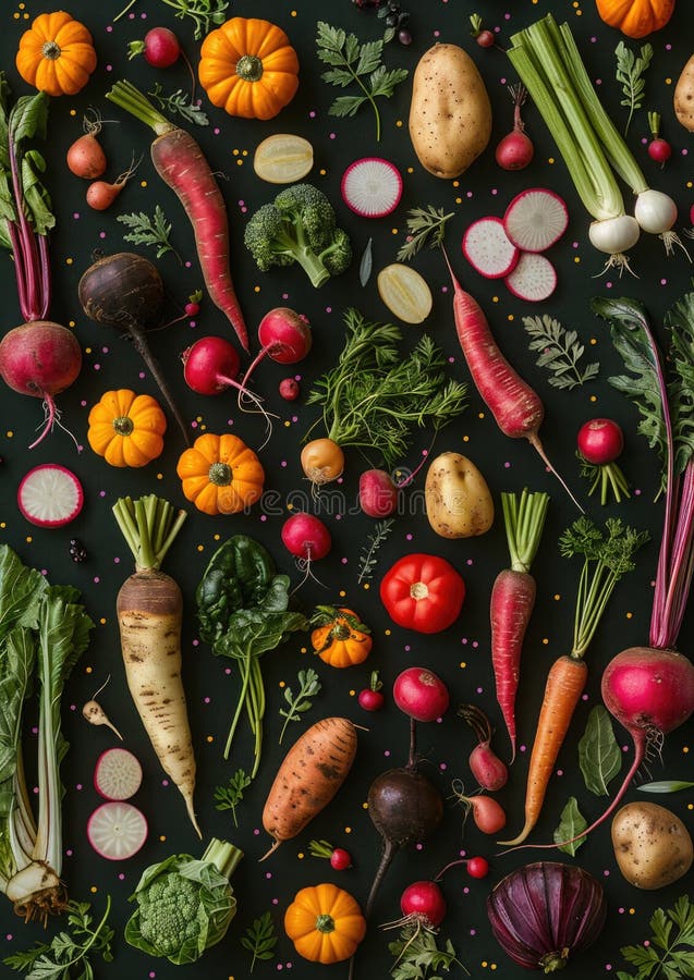 Flatlay Composition of Root Vegetables on a Seamless Surface Stock ...