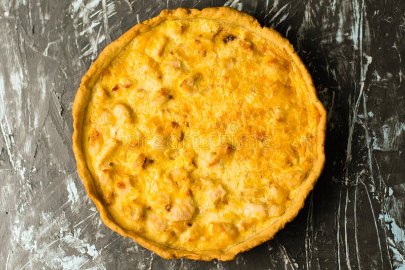 Flatlay, a Delicious French Quiche Pie with Chicken and Cheese. Stock ...