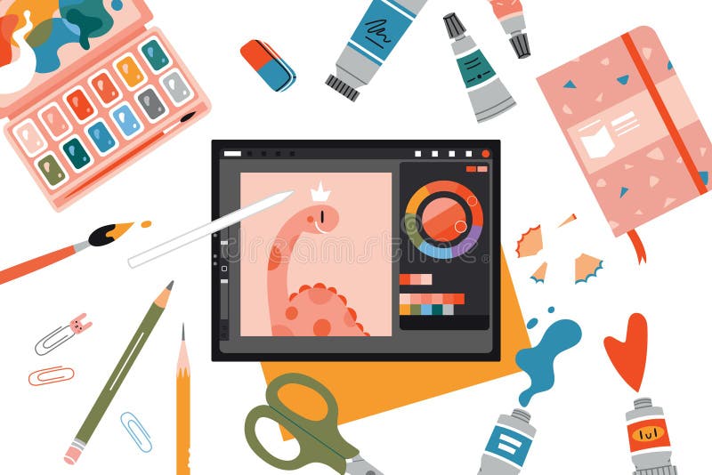 Flatlay, Digital Tablet and Art Supplies, Graphic Editor Interface ...