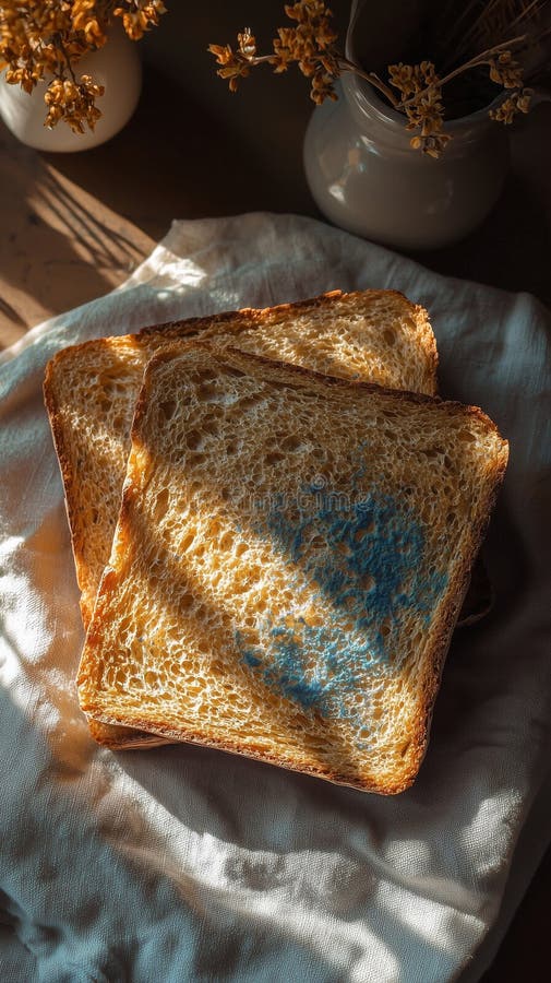 Flatlay of Dry Bread Slice with Blue Mold Stains on Linen in Warm Light ...