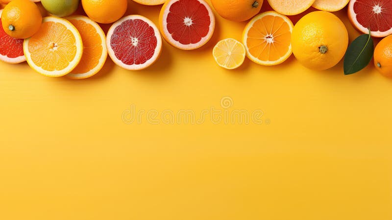 Flatlay of Fresh Citrus Fruits on Yellow Background with Copy Space ...