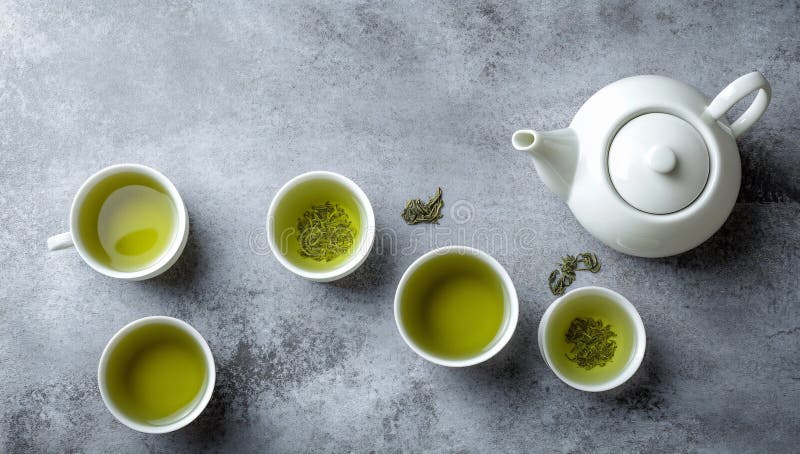 Flatlay Green Tea Cups Kettle Top View High Quality Image Stock ...