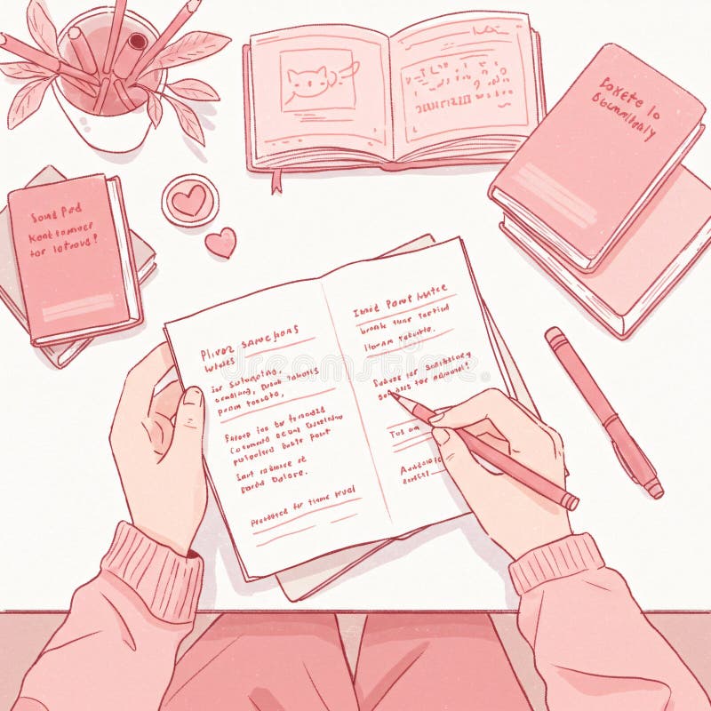 Pink Aesthetic Study Table Top View Notebook Writing Hands Pen Art Desk ...