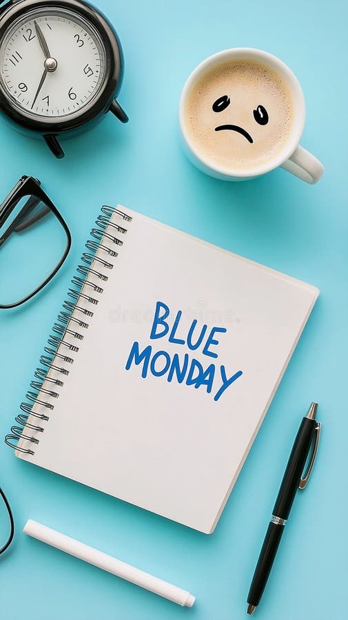 Blue Monday Concept with Coffee, Clock, Notebook, Pen and Glasses on a ...