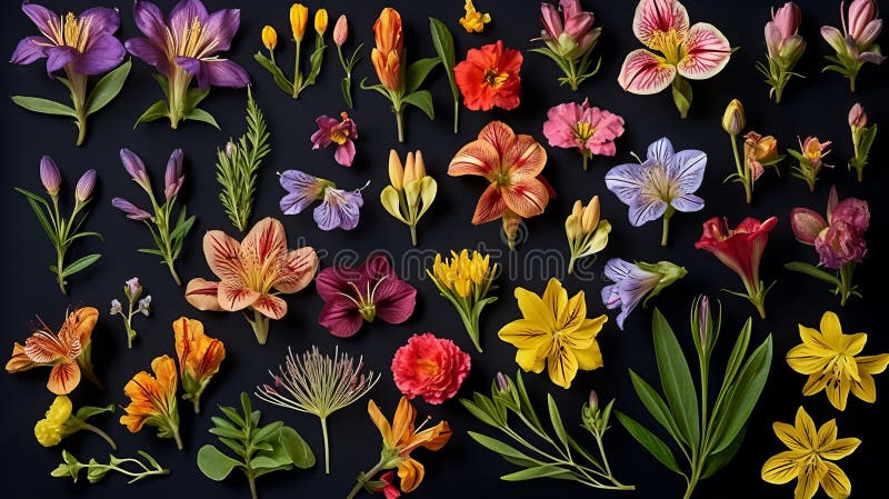 Flatlay Layout of a Lily Flower, Elements of Plants of Various Sizes ...
