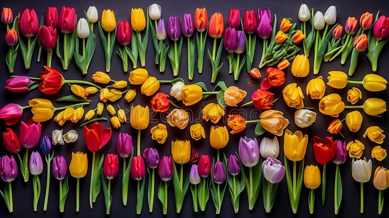 Flatlay Layout of a Tulip Flower, Elements and a Multi-colored Bud ...