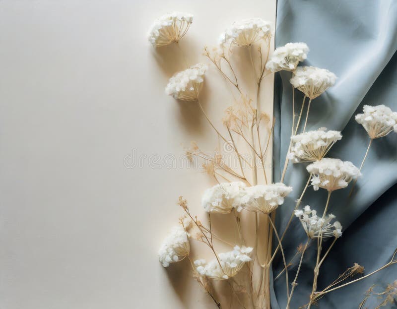 Flatlay Neutral Tone, Blue and Beige, Floral, Empty Space on the Left ...
