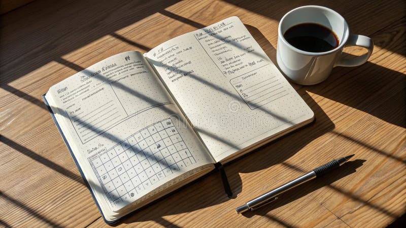 Open Notebook on Wooden Table, Creative Journaling Setup Stock ...