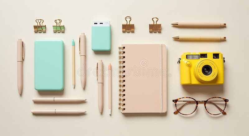 Flatlay Pastel Stationery Yellow Camera Notebook Pens Stock ...