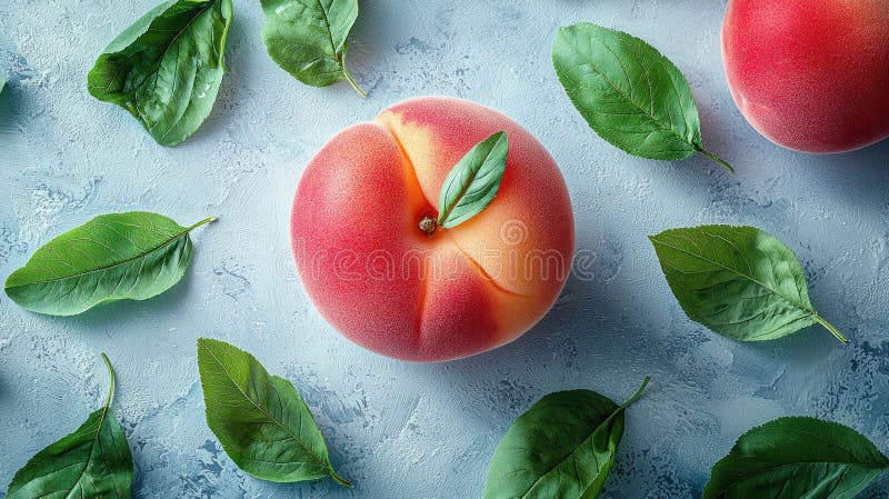Flatlay Peach Basil Food Photography, Blue Background Stock ...