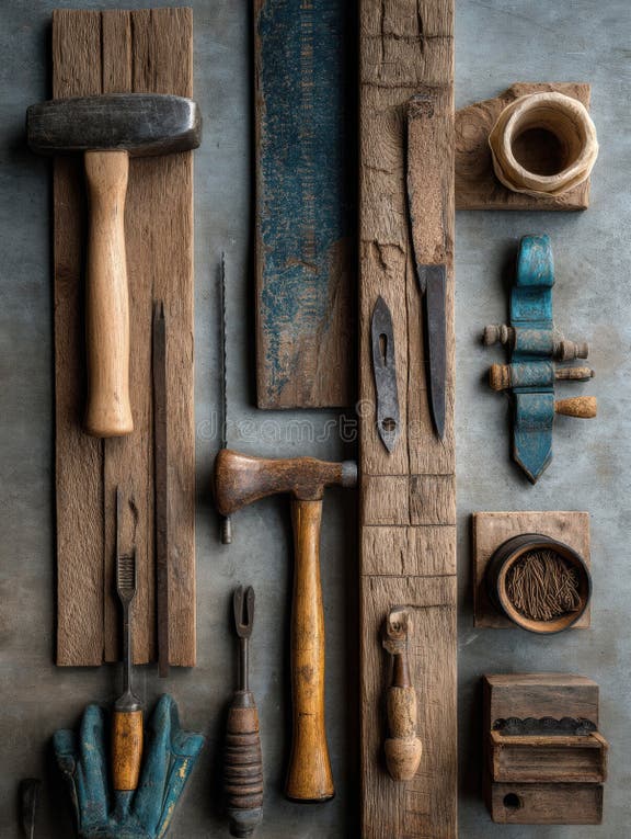 Flatlay Showcasing Essential Carpenter Tools Alongside Treated Wood ...