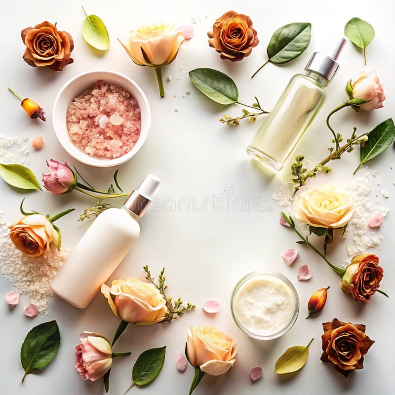 Flatlay of Skincare Products and Roses Stock Illustration - Illustration of bloom, luxury: 353394259
