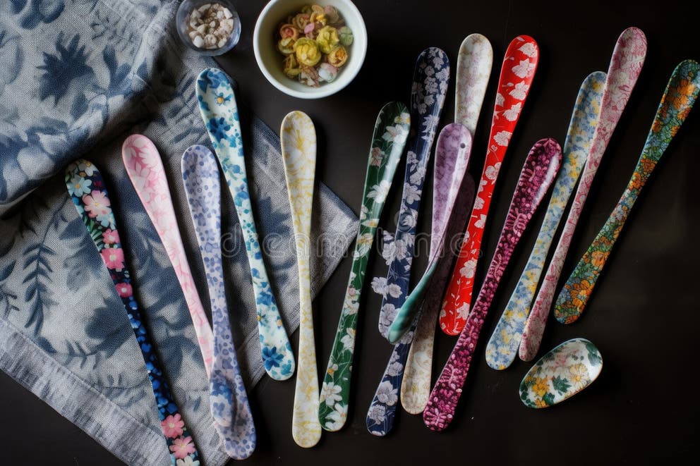 Flatlay of Stack of Stirring Spoons, Each with Different Pattern or ...
