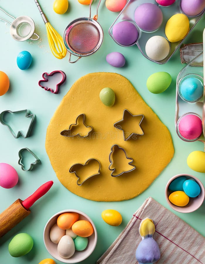 A Flatlay of Vibrant Easter-themed Baking Tools Surrounding Freshly ...