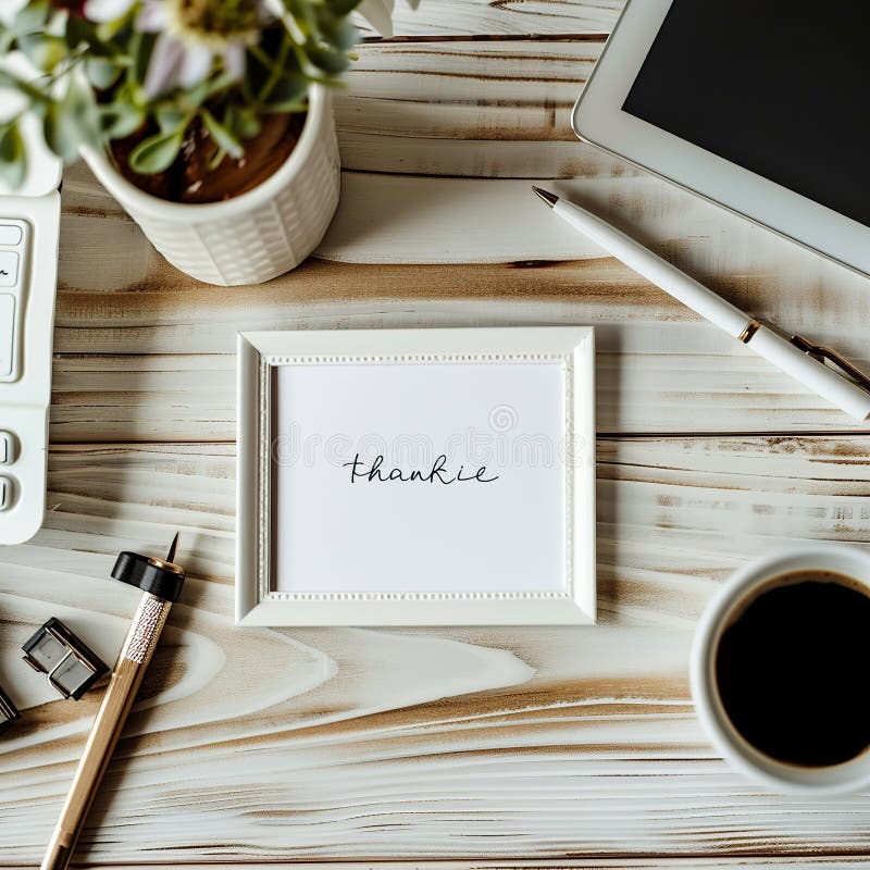 Flatlay of Workspace with Thank You Note, Coffee, Plant, and Stationery ...