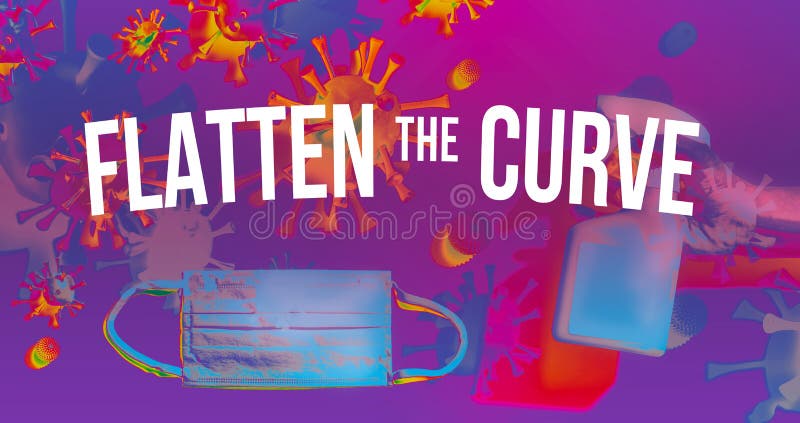 Flatten the Curve Theme with Face Mask and Spray Bottle Stock Image ...