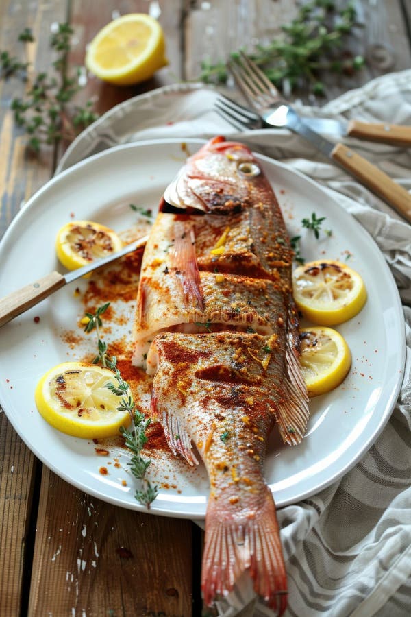 Flavored Cooked Fish on a Plate Stock Image - Image of lemon, seafood ...