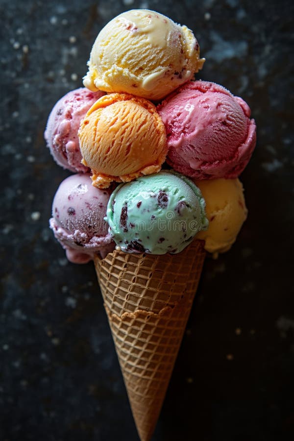 Flavored Ice Cream Cone Stacked with Multiple Vibrant Scoops in Bright ...