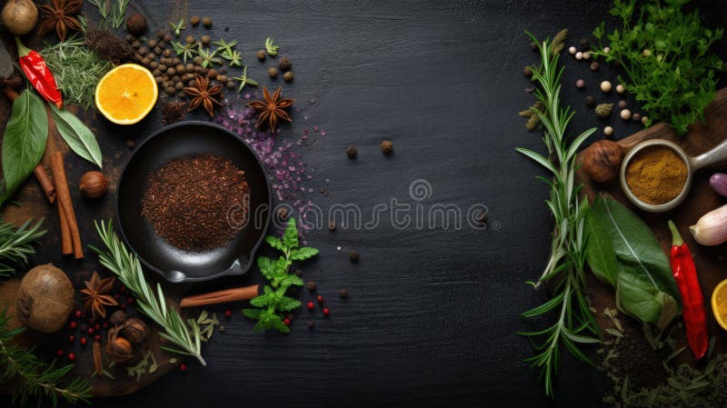 A Flavorful Food Background Featuring Spices, Herbs, and Kitchen Tools ...