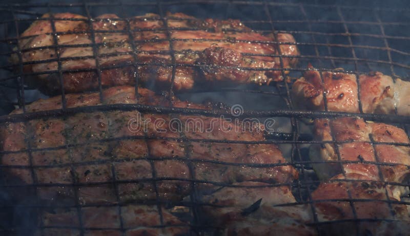 Flavorful Meat on the Grill with Smoke in Forest Stock Image - Image of ...