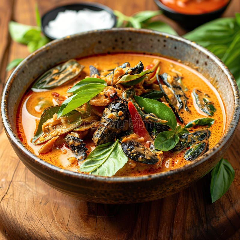 Flavorful Red Curry with Water Beetles and Fresh Thai Basil, Side View ...