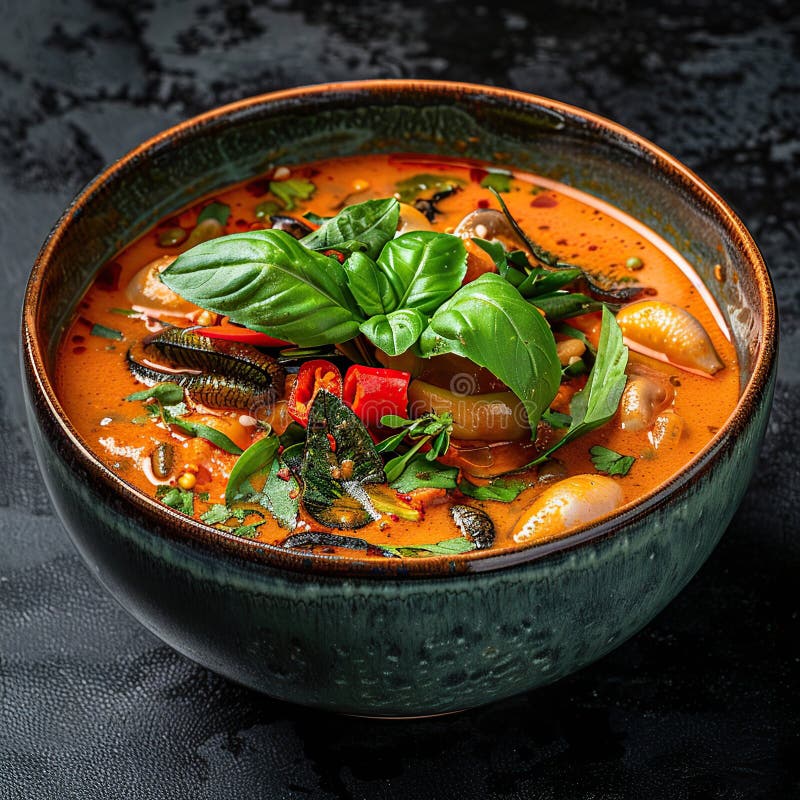 Flavorful Red Curry with Water Beetles and Fresh Thai Basil, Side View ...