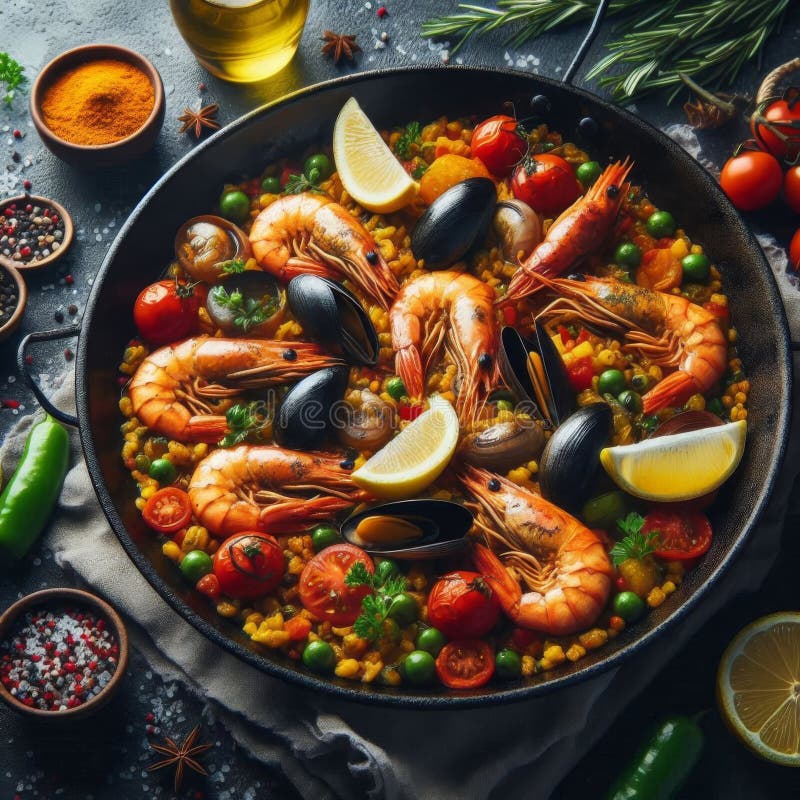 Flavorful Seafood Paella in Authentic Paella Pan Stock Illustration ...