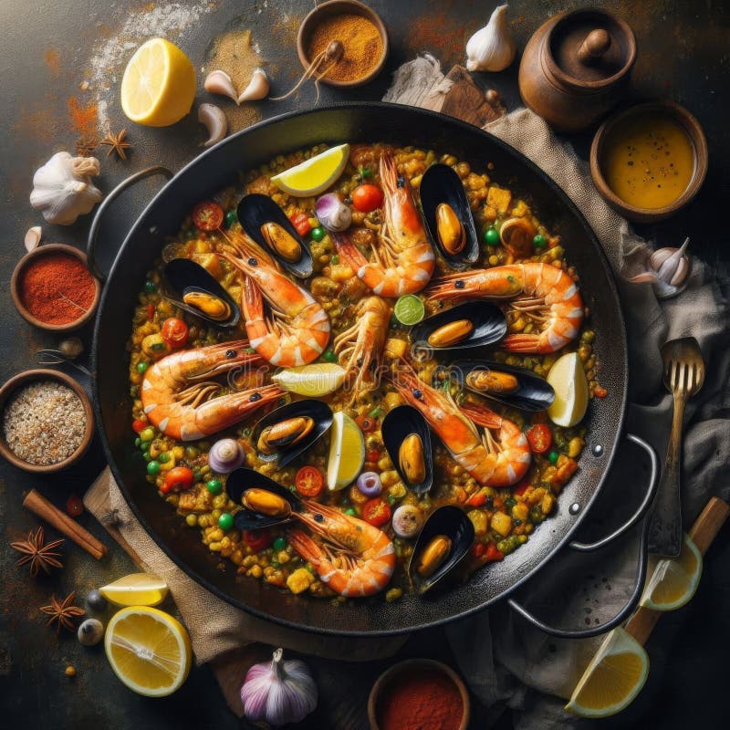 Flavorful Seafood Paella in Authentic Paella Pan Stock Illustration ...