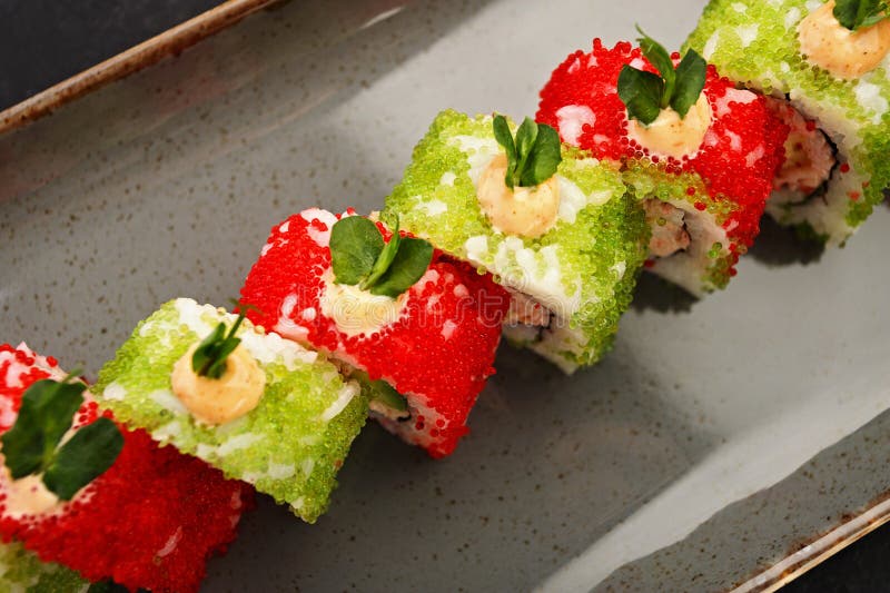 Flavorful Sushi Roll Topped with Delicate Flying Fish Roe Stock Photo ...